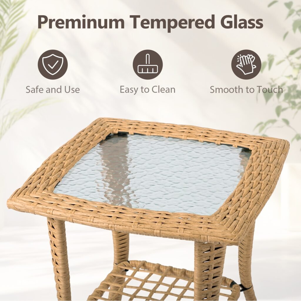 Beige Wicker Side Table with Glass Top | Patio End Table