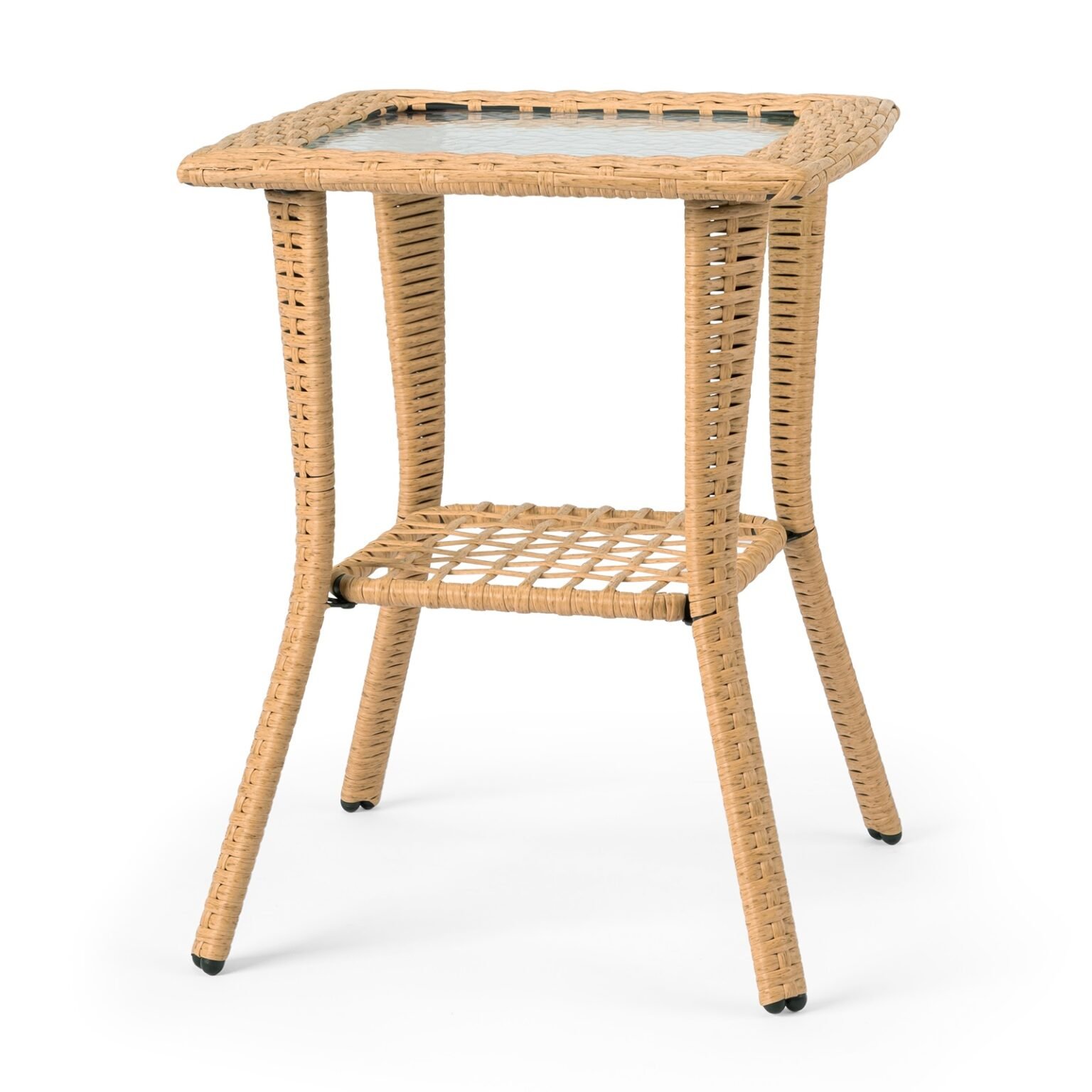 Beige Wicker Side Table with Glass Top | Patio End Table